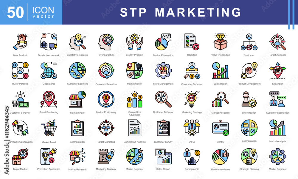 STP Marketing icon collection set. Containing target audience, customer ...