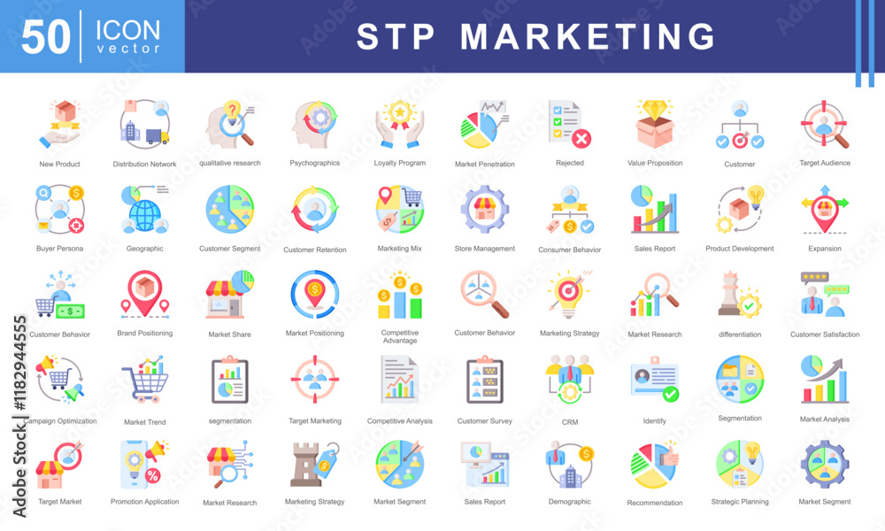 STP Marketing icon collection set. Containing target audience, customer ...