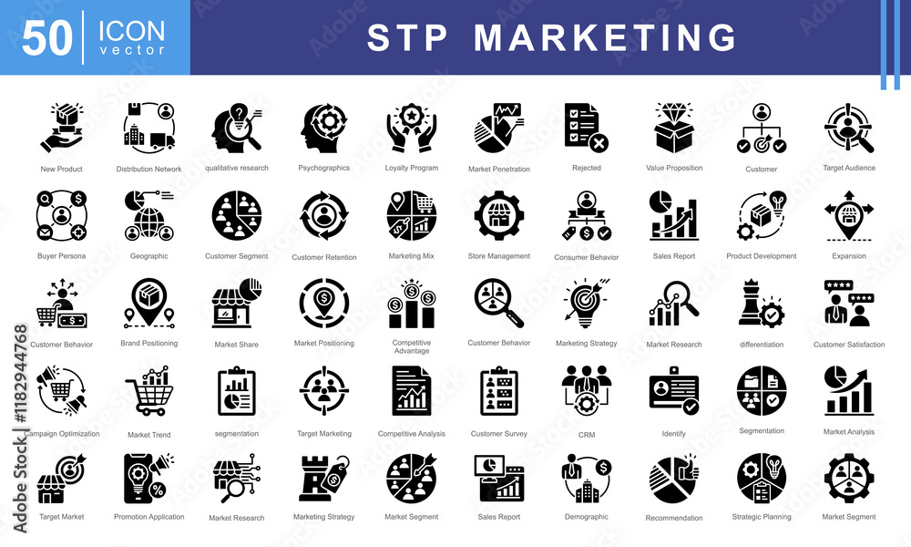 STP Marketing icon collection set. Containing target audience, customer ...