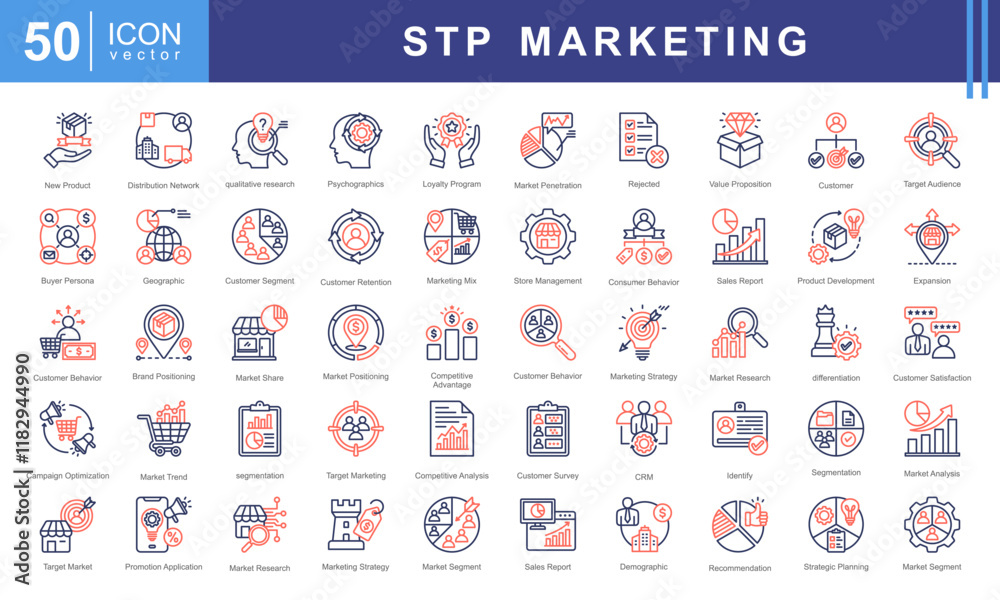 STP Marketing icon collection set. Containing target audience, customer ...
