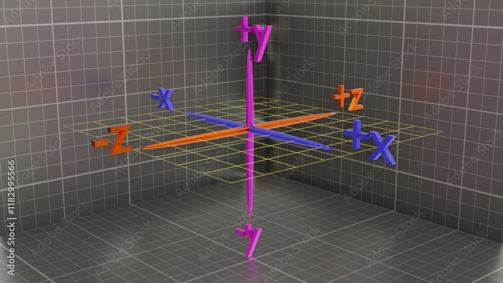 3d xyz axis. X, Y, Z coordinates defining 3d space. Y axis up down. Z ...