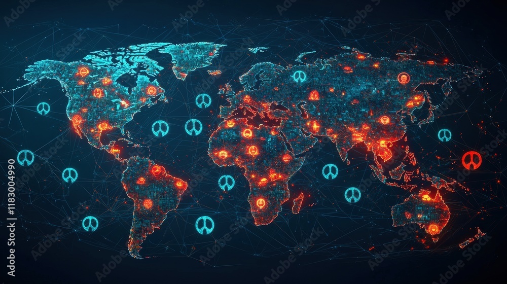 World map glowing with symbols of peace replacing military zones Stock ...