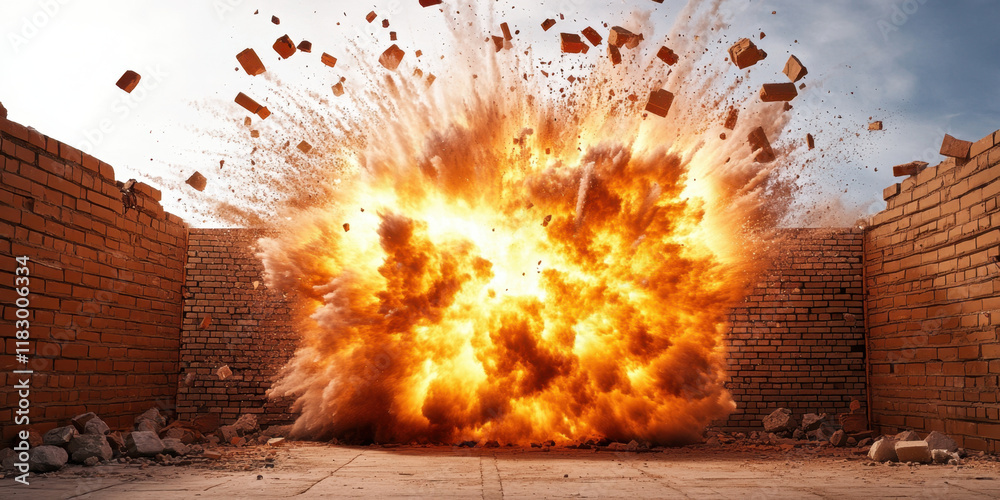 dramatic explosion occurs in brick walled space, sending debris flying ...