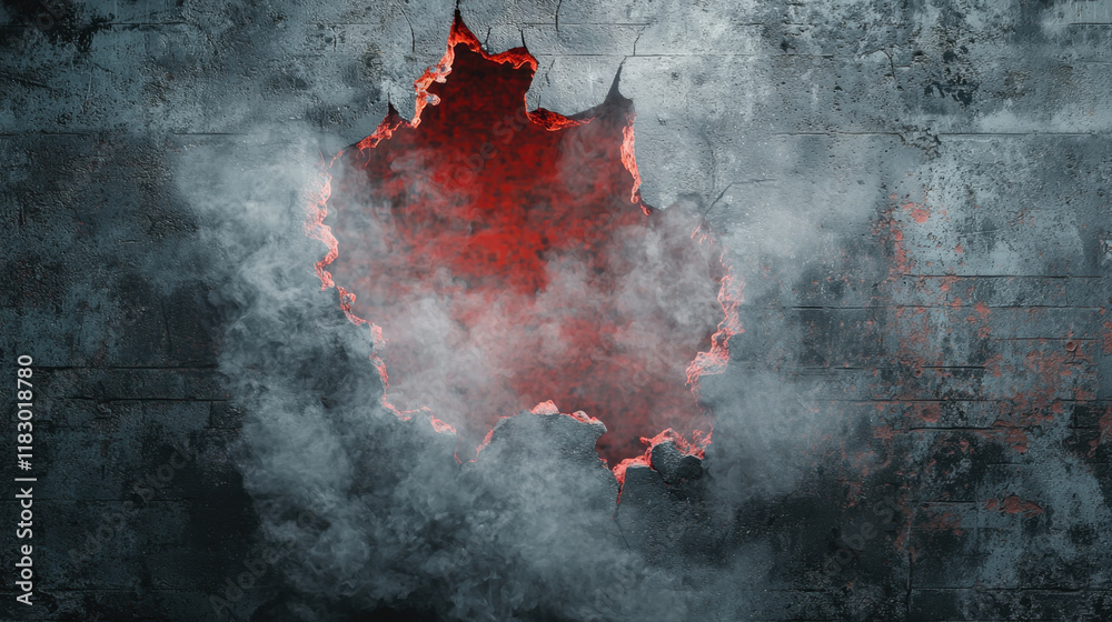 large hole in cracked wall reveals fiery red interior, with smoke ...