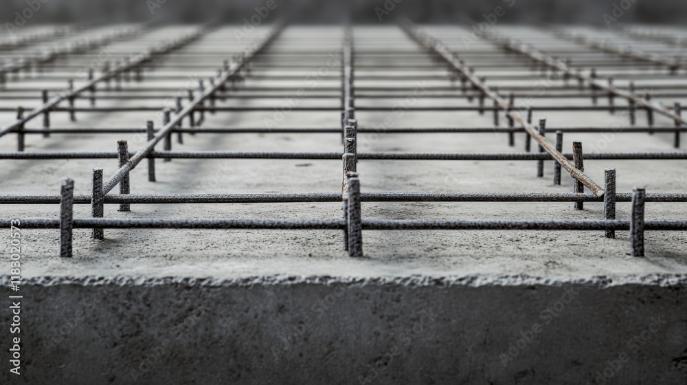 Concrete surface with steel reinforcement bars, construction site view ...
