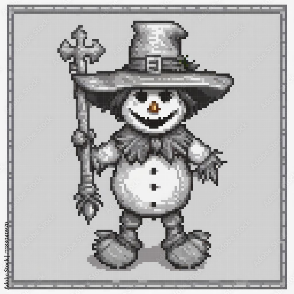 Cute pixel art cross stitch scarecrow with a hat and cane, perfect for ...