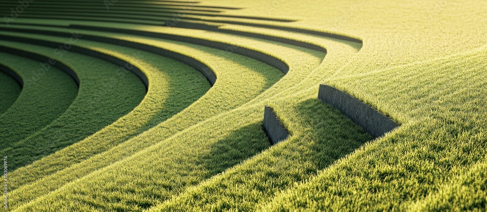 Sunlit grassy amphitheater with curved tiers and retaining walls. Stock ...