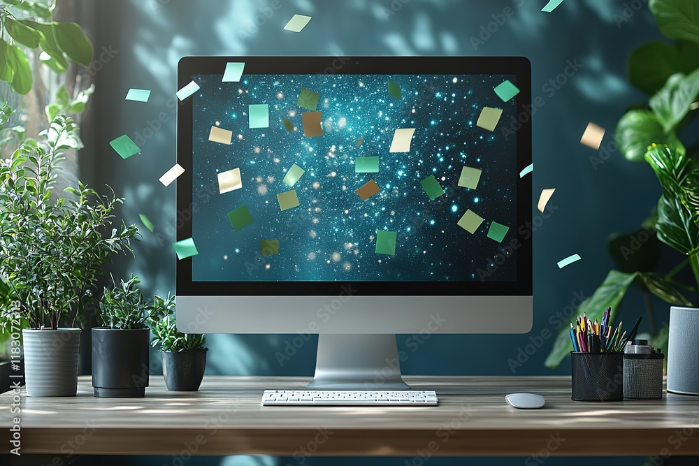 Desk setup with computer, plants, and colorful notes. A creative and ...