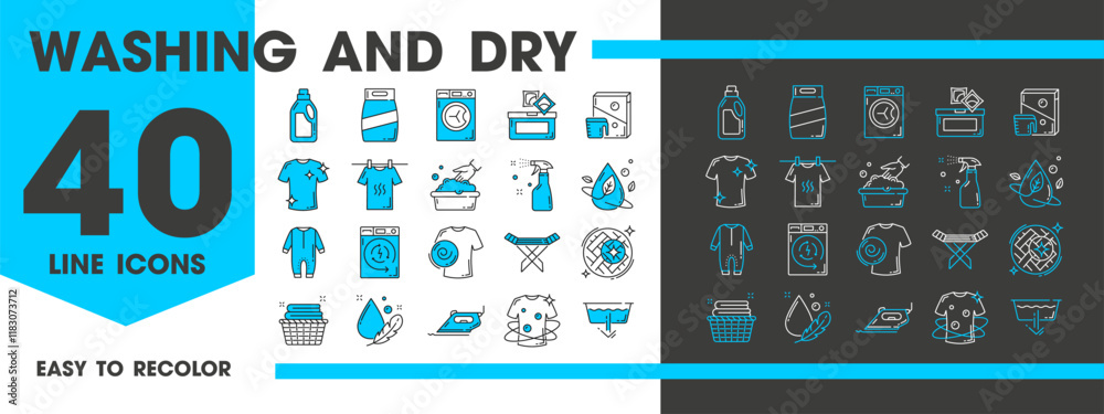 Washing and dry cleaning icons for laundry service, vector line ...
