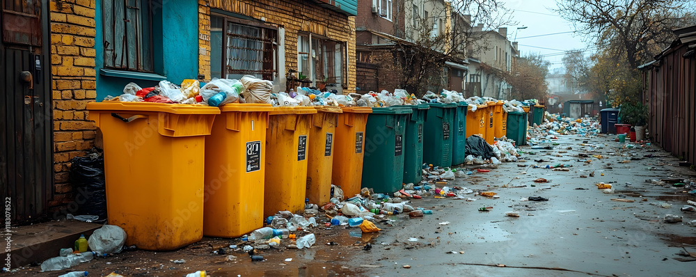 Overfilled Trash Bins and Street Litter Photo: Urban Waste Management ...
