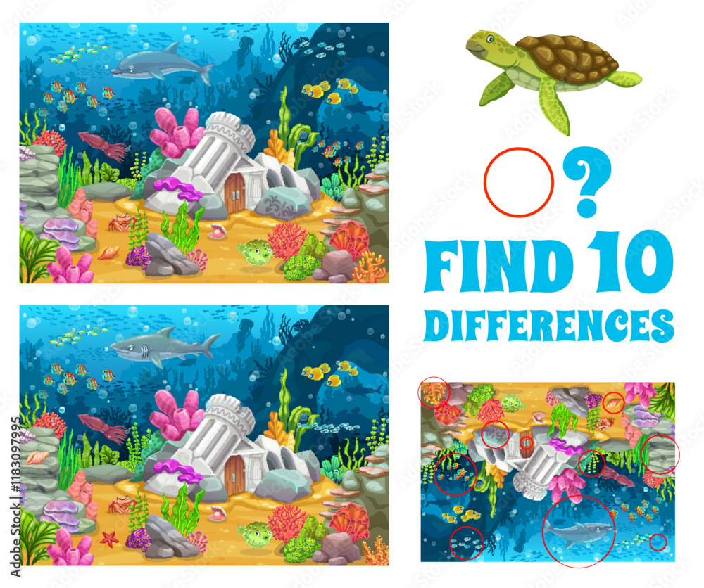 Sea underwater landscape with abandoned ruined ancient town, kids game ...