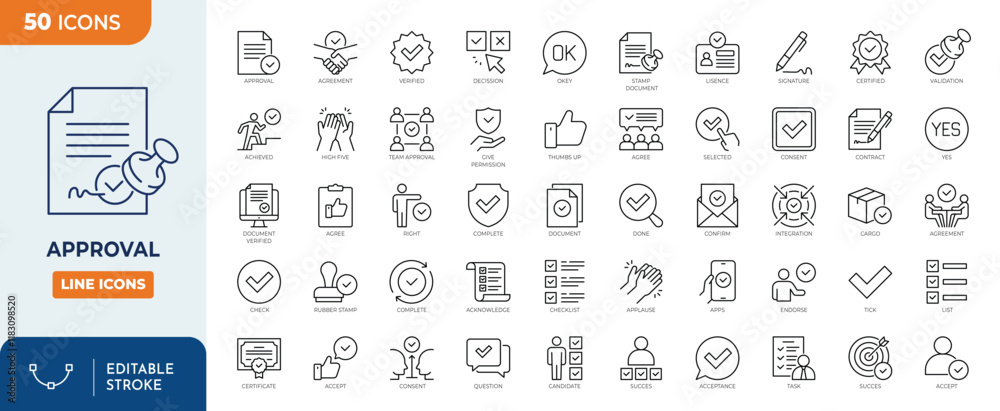 Approval line editable icon set. Containing accept, certified, agreement, approve, validation ...
