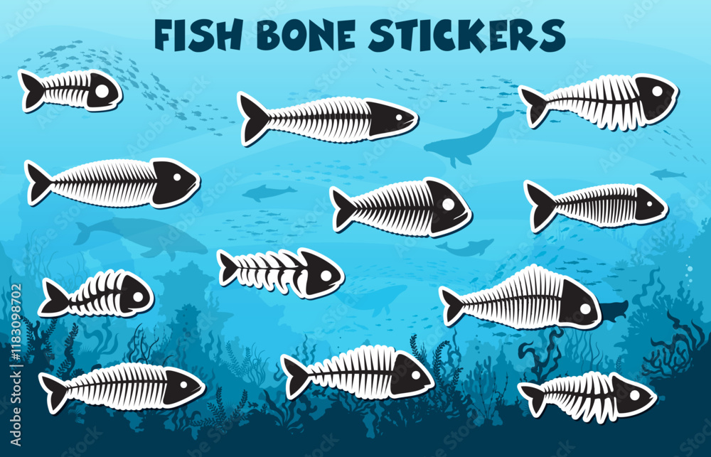Stickers pack of fish bone skeleton silhouettes and sea underwater ...