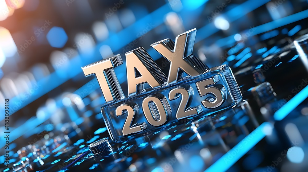 Bold Metallic Tax 2025 Text Floating in a Dynamic Blue Background ...