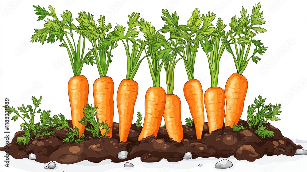 a 2D cartoon illustration of a carrot patch with fresh carrots sticking ...