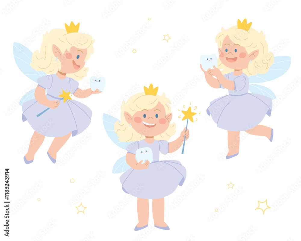 Set of magical tooth fairies with wings, teeth and a magic wand ...