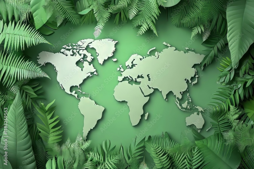 World Map Surrounded by Lush Green Foliage: A Symbol of Global Ecology ...