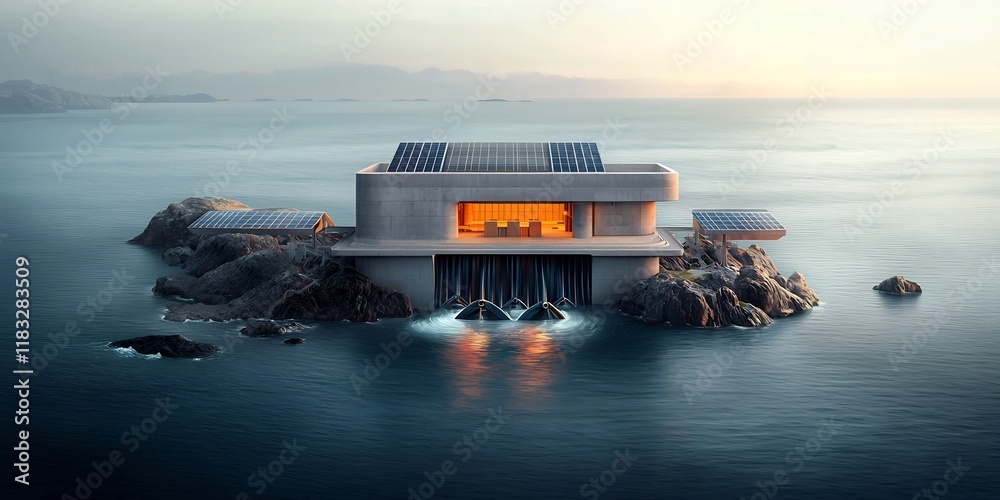 Aerial establishing shot of an innovative offshore tidal power station ...