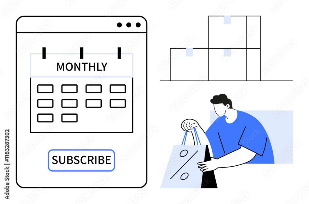 Monthly calendar with a subscribe button, three stacked boxes, person ...
