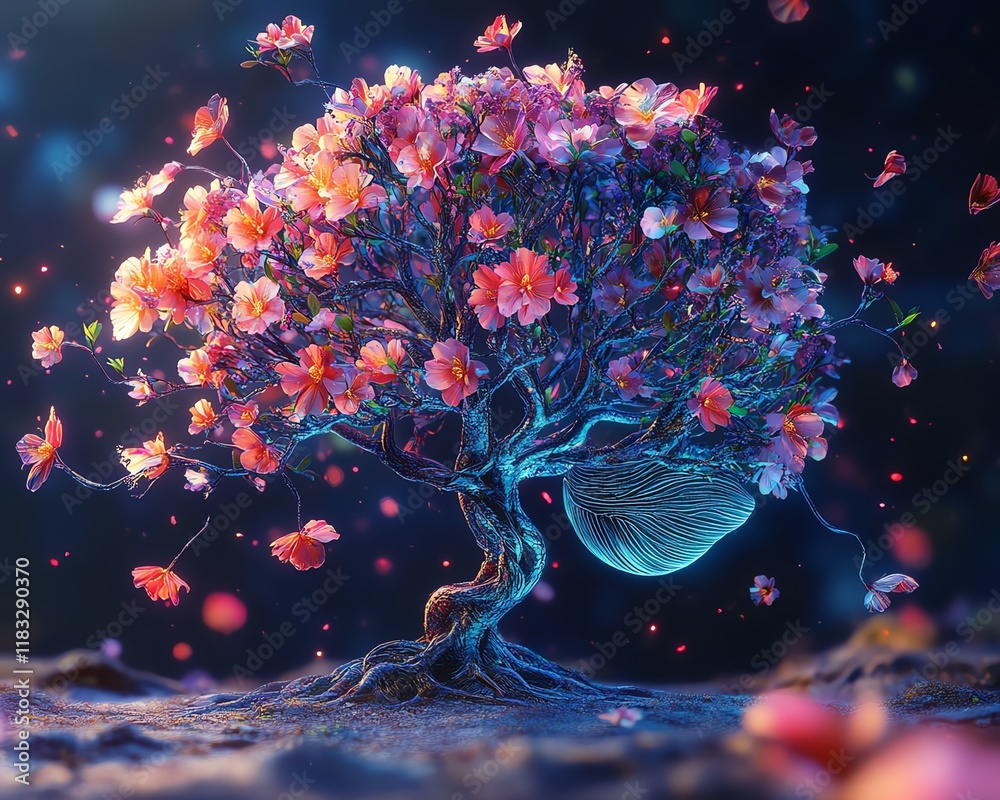 Tree of creativity growing from a human brain, vibrant floral elements ...