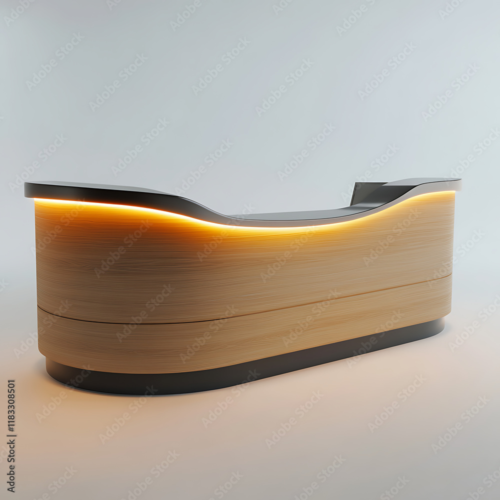 A sleek modern office reception desk with a curved front and a built-in ...