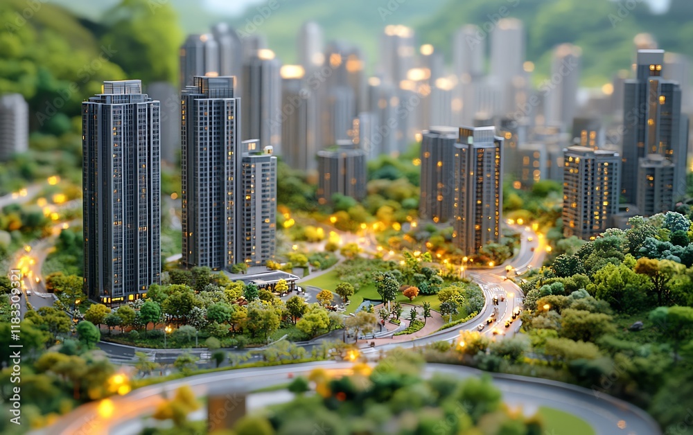 Miniature modern urban skyline, skyscrapers, extensive green spaces ...