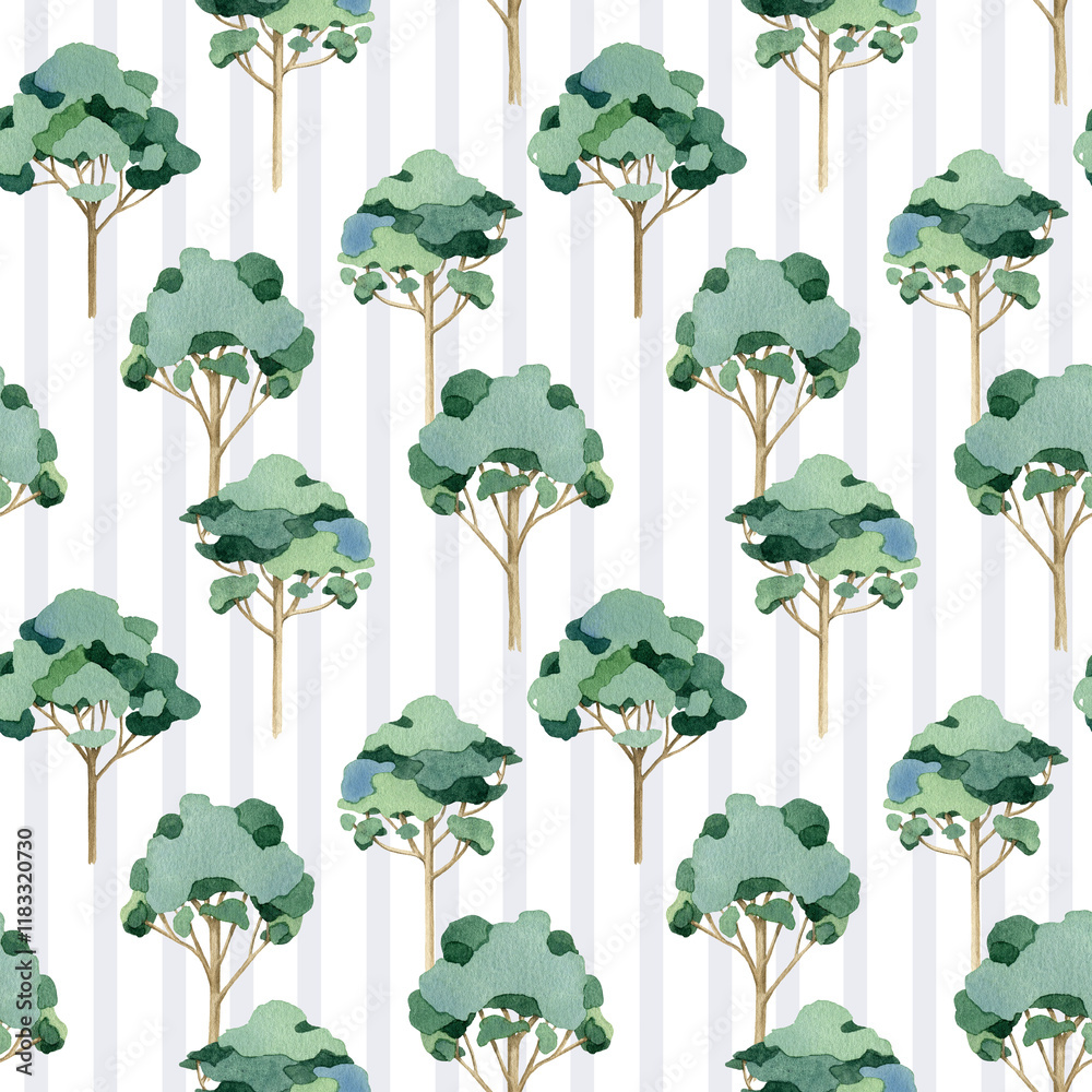 Eucalyptus tree forest seamless pattern. Hand drawn trees with tender ...