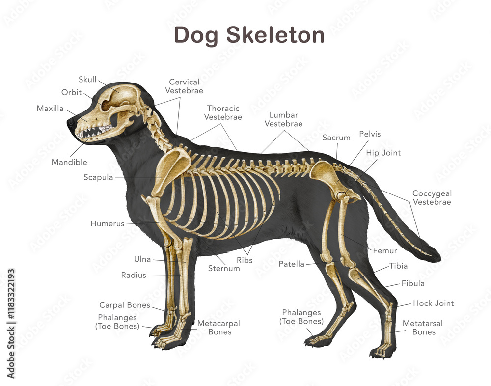 Dog skeleton with bone names chart. Hand drawn realistic detailed ...