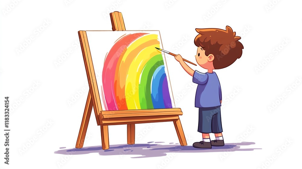 a 2D cartoon illustration of a student in an art class painting a ...