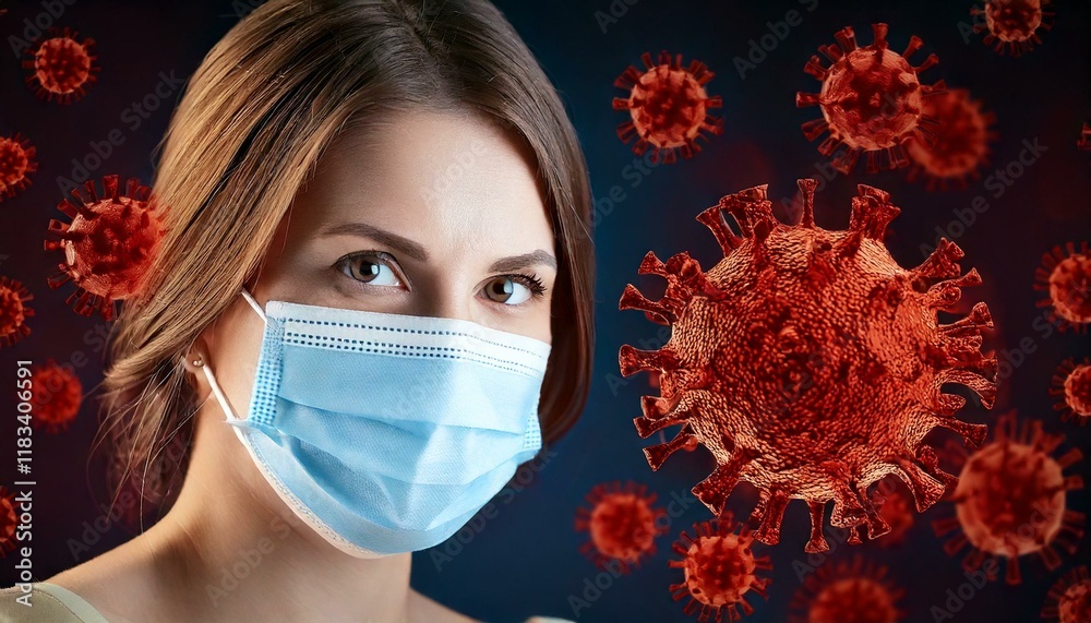 young woman wear mask with the outbreak virus on background. Human ...