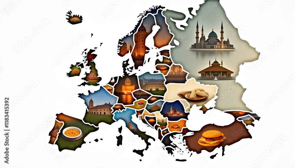 Map of Europe with vector images of iconic cultural sites and dishes of ...