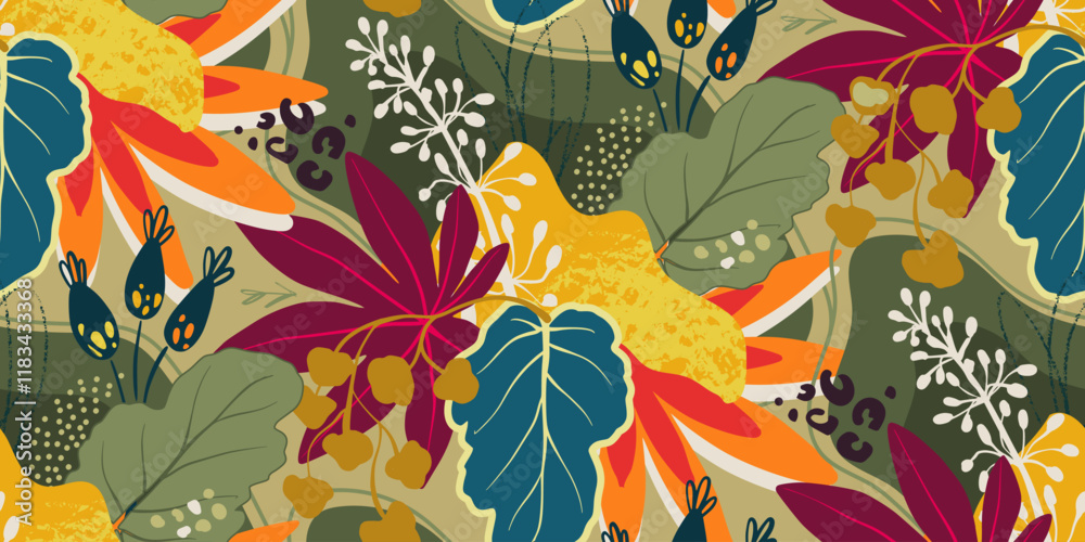 Bright vector seamless pattern with colorful tropical plants and ...