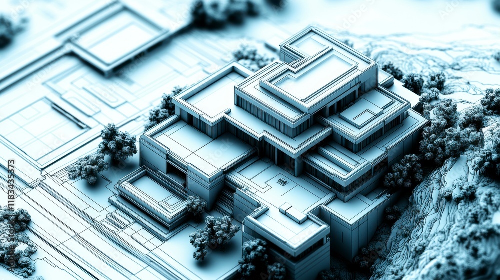 Technical architecture drawing of a multi-level building, including ...