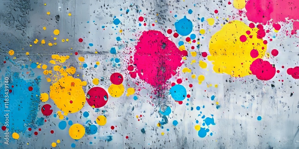 Abstract background featuring multi colored paint spots on a concrete ...
