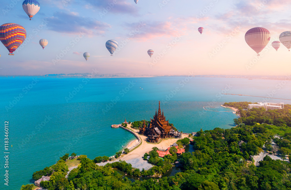 Sanctuary of Truth wooden temple with balloon in Pattaya Chonburi ...