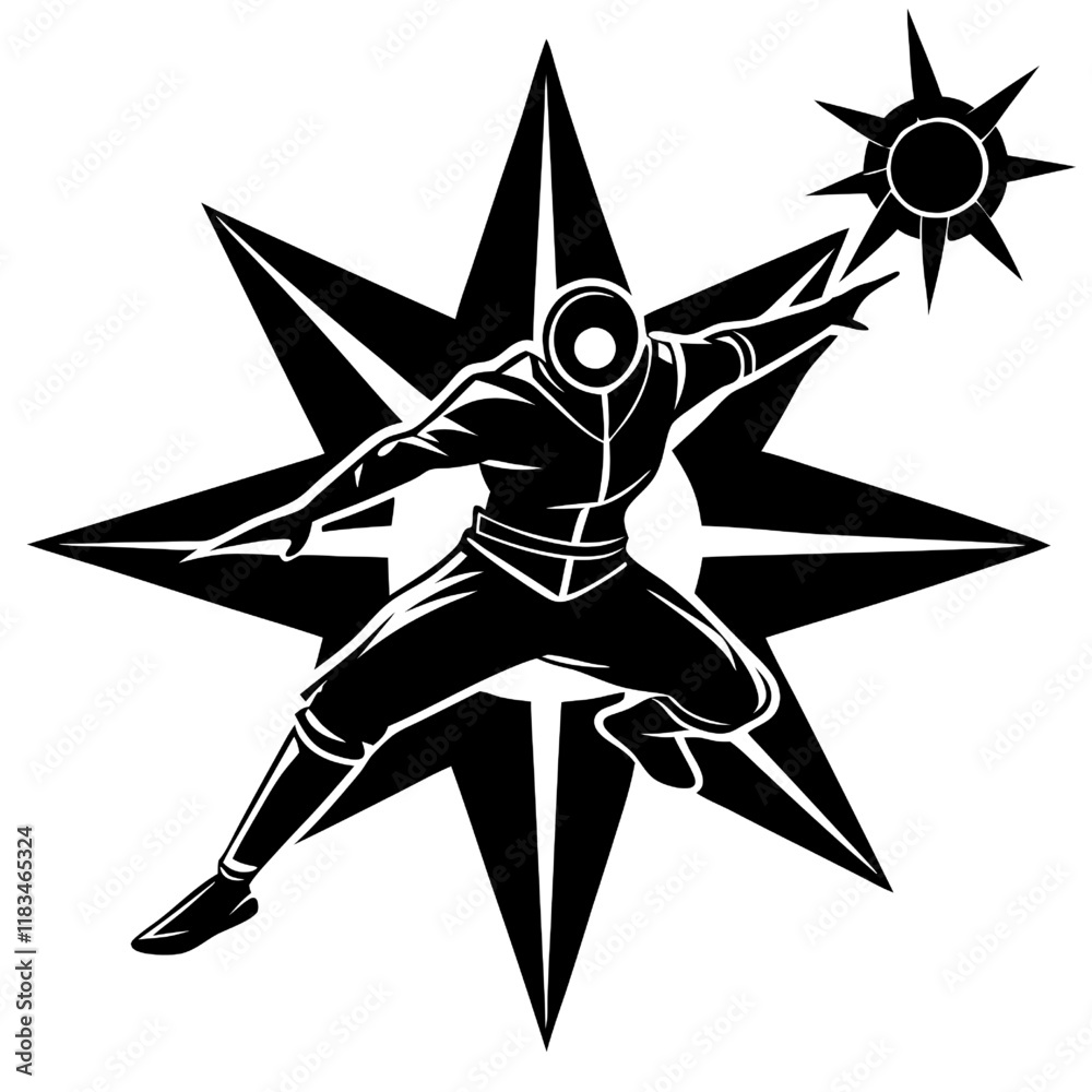 Star Ninja Warrior: Monochromatic illustration of a dynamic ninja ...