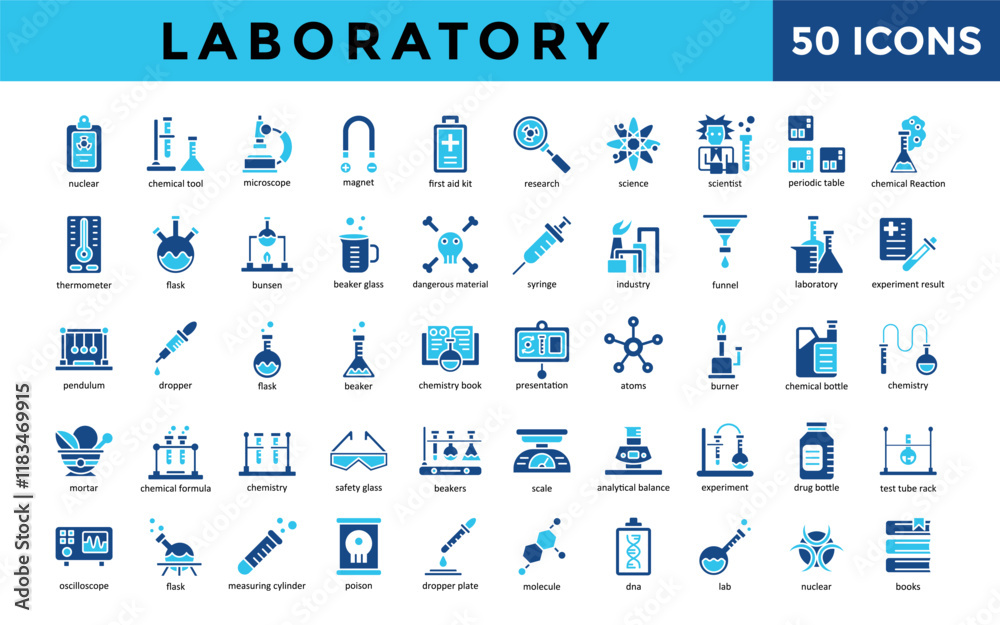 Laboratory icons set with nuclear, chemical tool, microscope, magnet ...