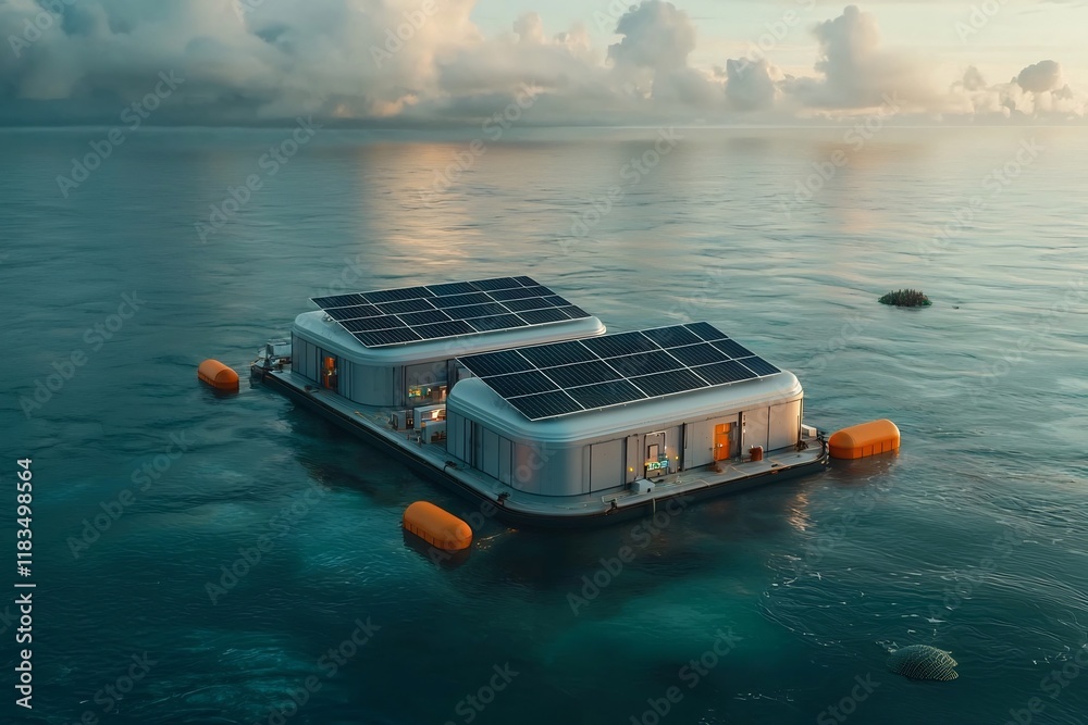 Floating offshore aquaculture facility with towering solar panels and ...