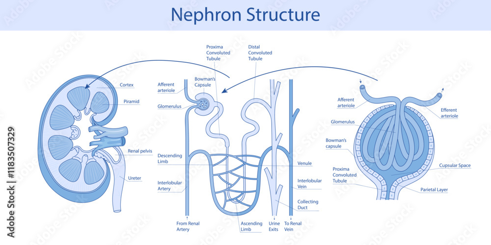 Structure of the nephron of the kidney. Vector medical illustration ...