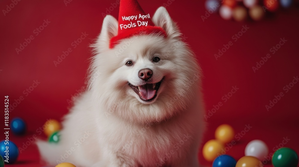 Cute white dog wearing party hat celebrates April Fools Day with ...