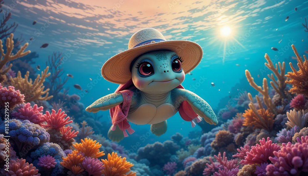 Adorable 3D Rendered Turtle Enjoys Summer Vacation in Vibrant Coral ...