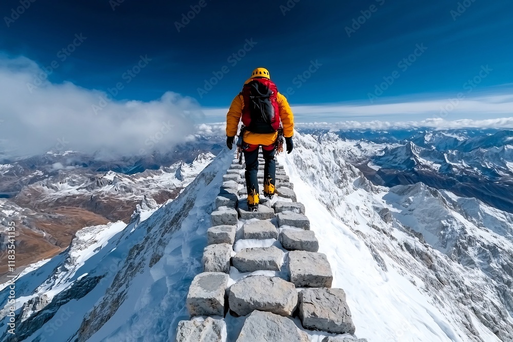 Daring mountaineer scaling the final steps to the etched on their face ...