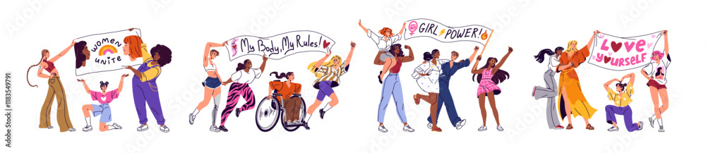 Group of diverse women together set. Happy girls with flags are on ...