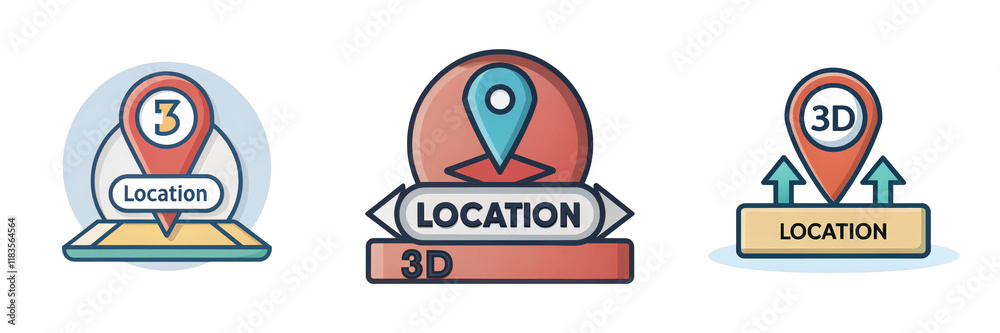 Three 3D Location Pin Icons Set Map Pointer, Isolated on White Background, GPS, Navigation, GPS ...