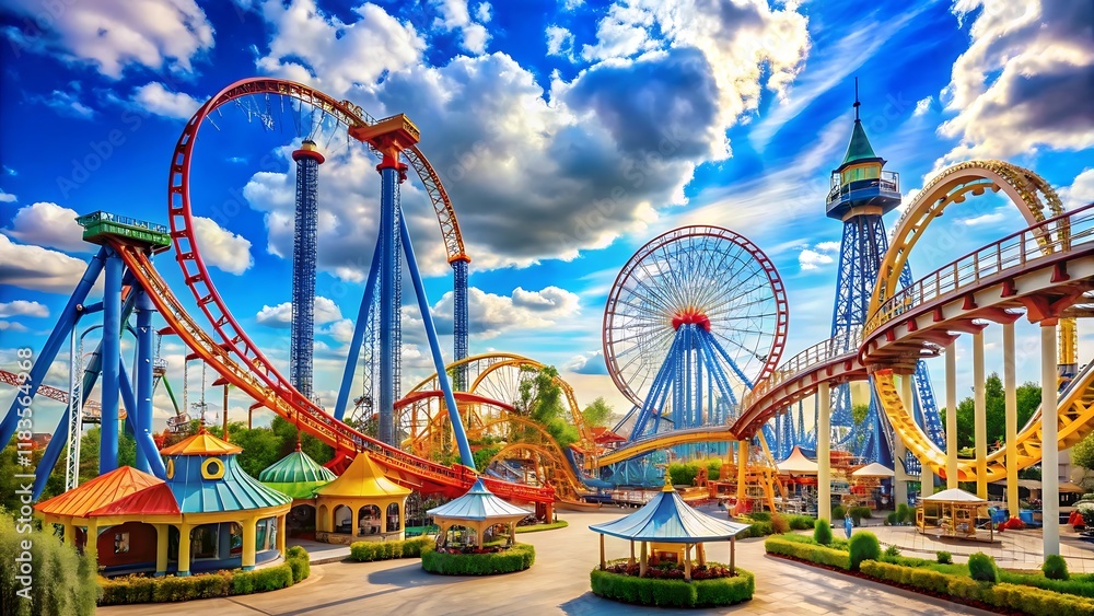A colorful amusement park with multiple roller coasters and rides ...