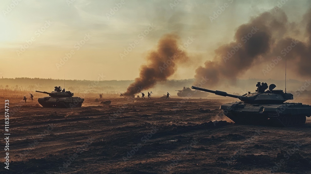 Two armies facing each other on a barren battlefield, with tanks, smoke ...