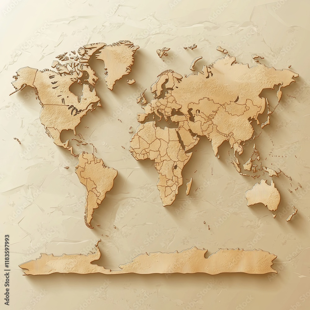 World map paper. Political map of the world on a beige background ...