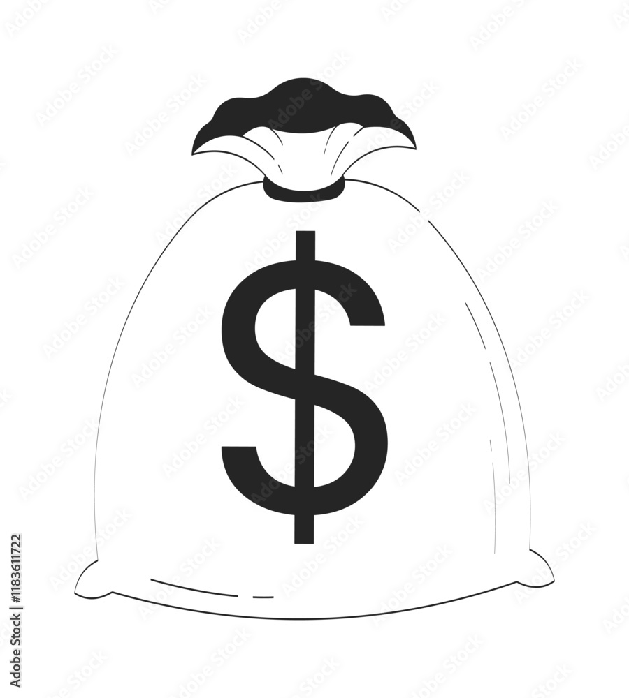Money bag with dollar sign doodle linear object. Cash packed in sack ...