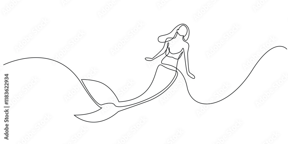 continuous line drawing of mermaid.one line drawing of mermaid fantasy ...