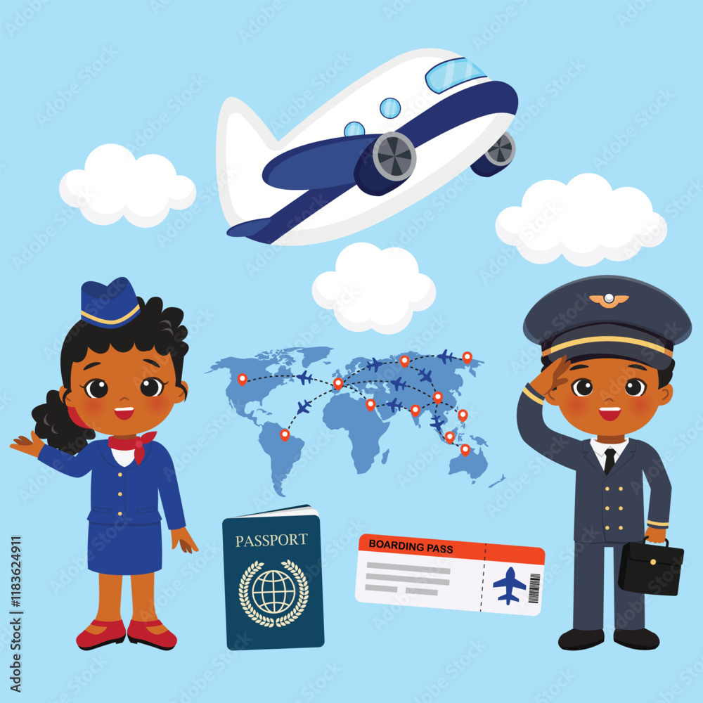 Cute pilot and stewardess airplane crew clip art Stock Vector | Adobe Stock